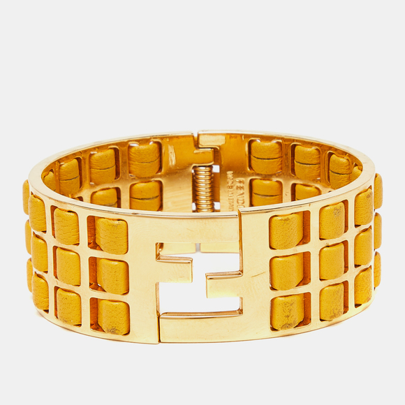 Fendi | Jewelry | Fendi Sta Yellow Leather Braided Gold Tone Cuff ...